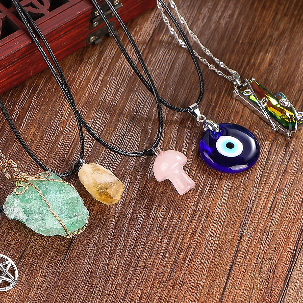 MJartoria Moon Pentagram Necklace Pentacle Crystal Chakra Necklace Charm Pendant Multi Layered Alloy Chain Choker Necklaces Set Gothic Jewelry 9PCS