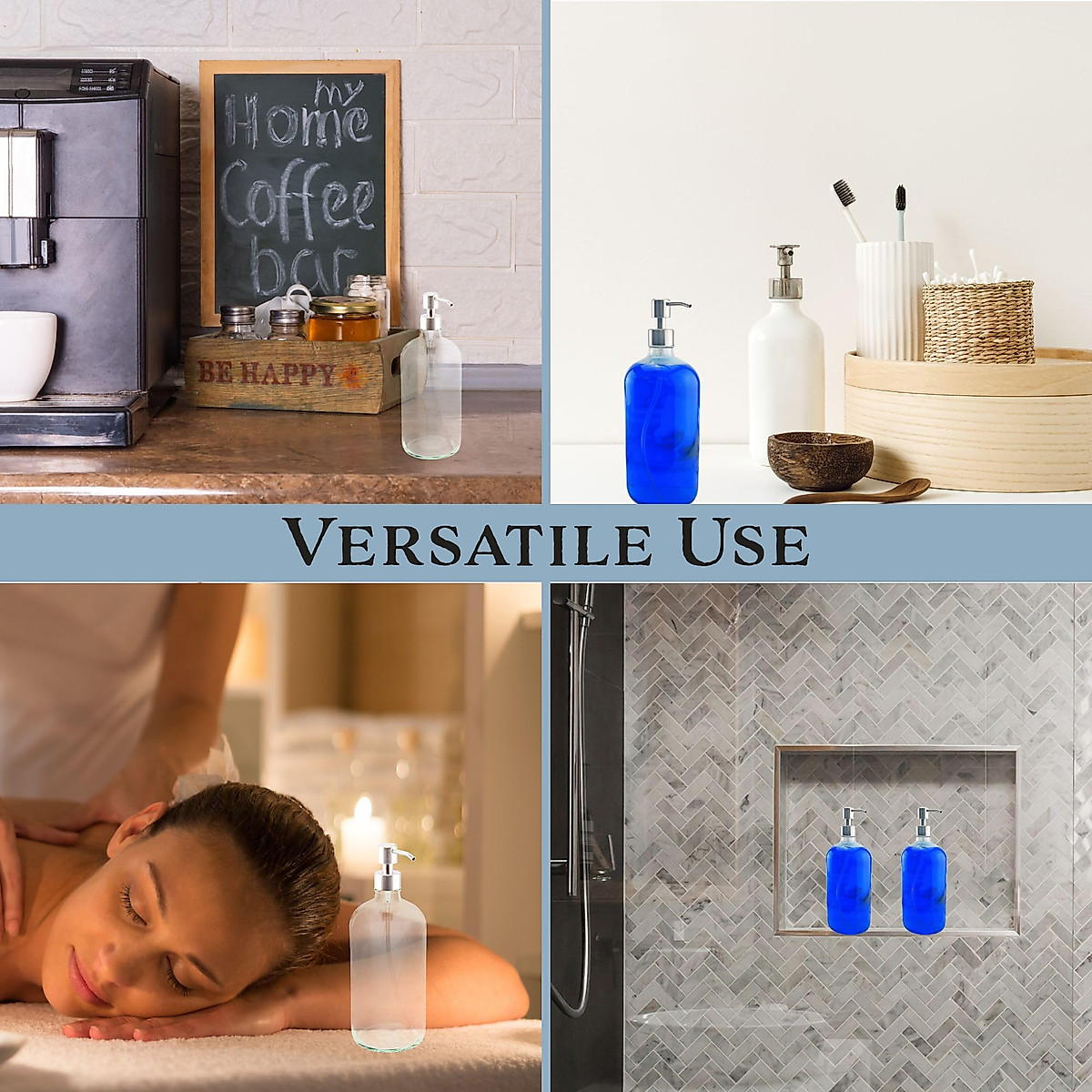 Cornucopia Brands 8-Ounce Clear Glass Boston Round Bottles w/Stainless Steel Lotion Pumps (4-Pack); Empty Refillable Liquid Soap & Lotion Bottles