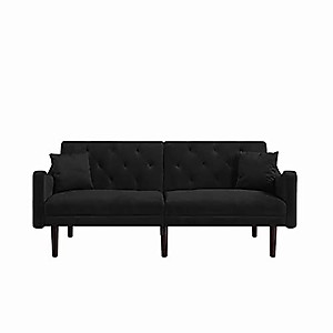 EMKK Futon Sofa Sleeper Velvet with 2 Pillows,Adjustable Backrest Loveseat,Upholstered 2-Seater Couch Convertible Sofá Bed for Living Room, Small Space, Apartment, Dorm, Office, Black 72.8”