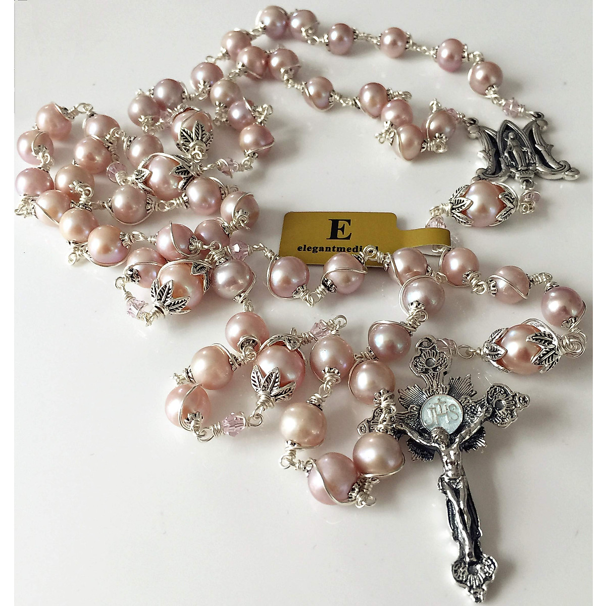 elegantmedical Handmade Wire Wraped Bali 925 Sterling Silver AAA+ 8-9mm Real Purple Pearl Beads Catholic Rosary Necklace Cross Crucifix Box