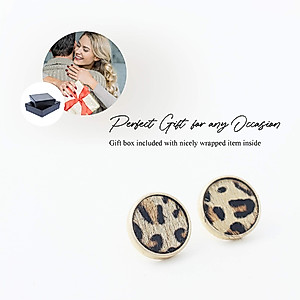 Animal Print Stud Earrings for Women – Leopard, Jaguar, Zebra, Snakeskin – Genuine Leather – Round, Oval, Teardrop - Fashion Statement Earrings - Gift Box Included (Round - Leopard)