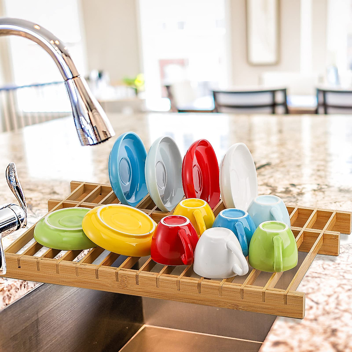 Lawei 2 Pack Over The Sink Dish Drying Rack, Bamboo Dish Rack Plate Stand Pot Lid Holder Kitchen Cabinet Organizer for Bowl, Cup, Cutting Board and More