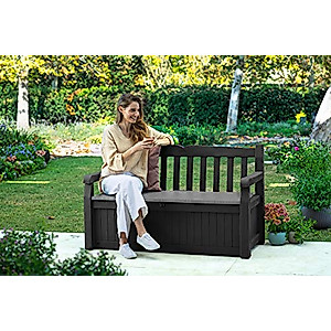Keter Solana 70 Gallon Storage Bench Deck Box for Patio Furniture, Front Porch Decor and Outdoor Seating – Perfect to Store Garden Tools and Pool Toys, Grey