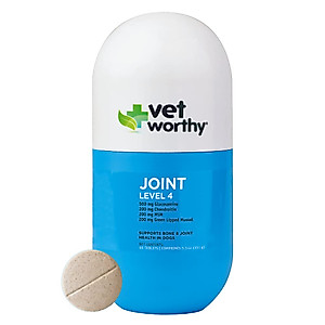 Vet Worthy Joint Support Level 4 - Chewable Tablet| Supports Bone Health and Healthy Joints - Dog Supplement with Glucosamine and Hyaluronic Acid | Vet Strength Joint Care | Liver Flavor, 60-Count