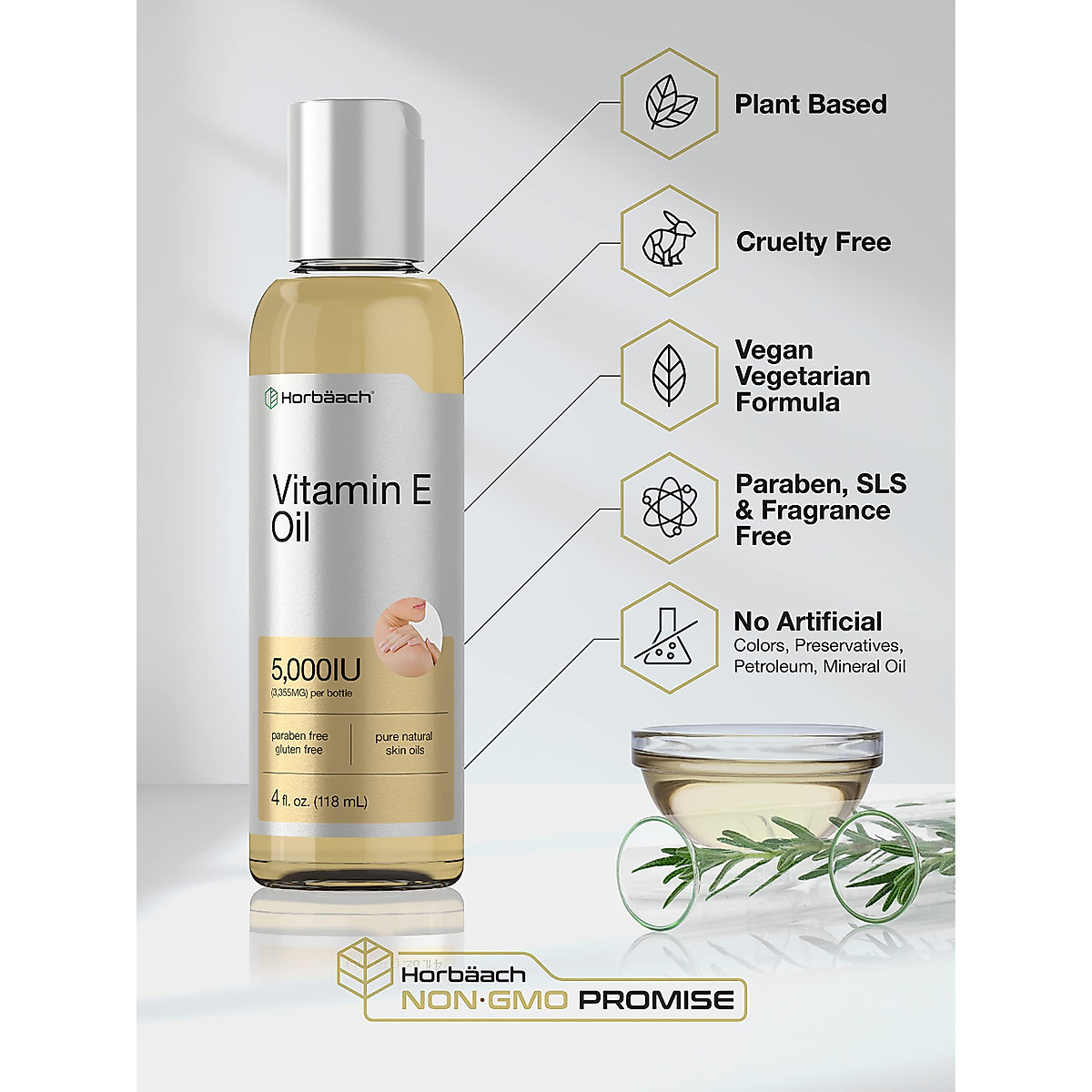 Horbäach Vitamin E Oil | 5000 IU | 8 oz (2 x 4oz) Value Pack | for Skin, Hair, Face & Body | Vegetarian, Non-GMO, and Gluten Free Formula