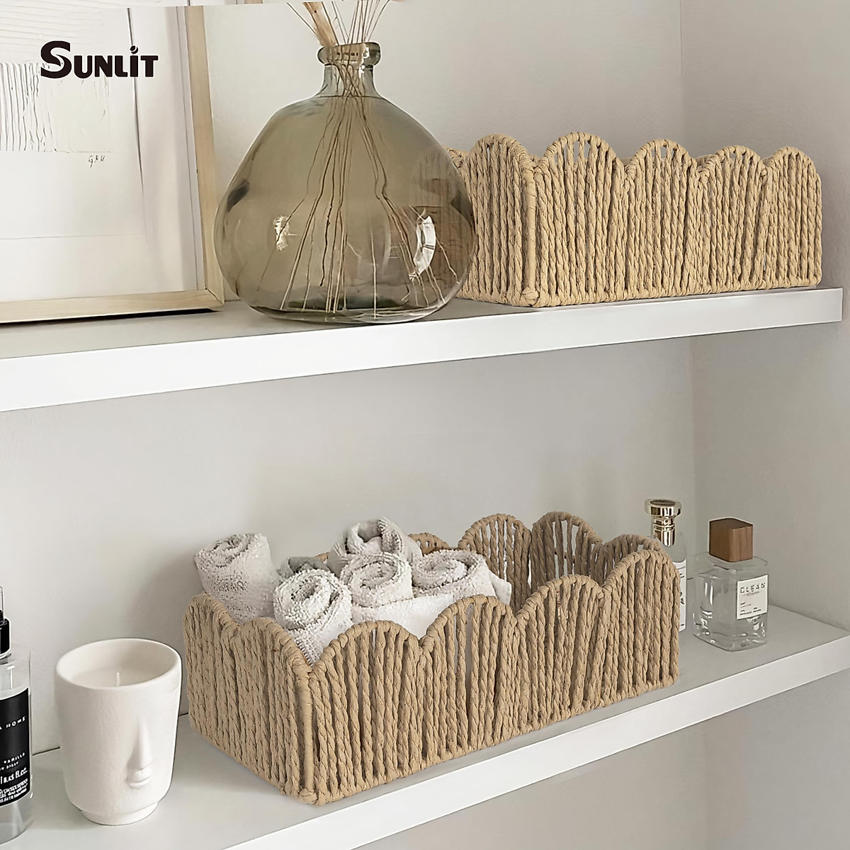 Sunlit Natural Fibre Farmhouse Storage Baskets, Hand Woven Bathroom Storage Boxes, Boho Toilet Paper Tank Basket, Decorative Storage Bins for Countertop, Bathroom Organizer Set of 2, Wavy, Natural