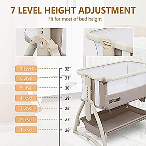JOYMOR Bedside Sleeper Rocking Bassinet, Height Adjustable Breathable Net Bed Side Baby Cribs with Washable Mattress,Mosquito Net,Storage Basket for Infants, Beige
