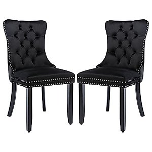 GEEVIVO Velvet Dining Chairs Set of 2, Upholstered Tufted Dining Room Chairs with Nailhead Button Back and Ring Pull Trim, Solid Wood Legs Side Dining Chairs for Dining Room/Kitchen/Restaurant, Black
