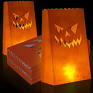 Halloween Luminary Bags Outdoor Paper Pumpkin Lantern Bags Flame Resistant Jack-o'-Lantern Bags Halloween Silhouette Luminary Candle Bags for Halloween, Party, Home Decorations (48 Pieces)