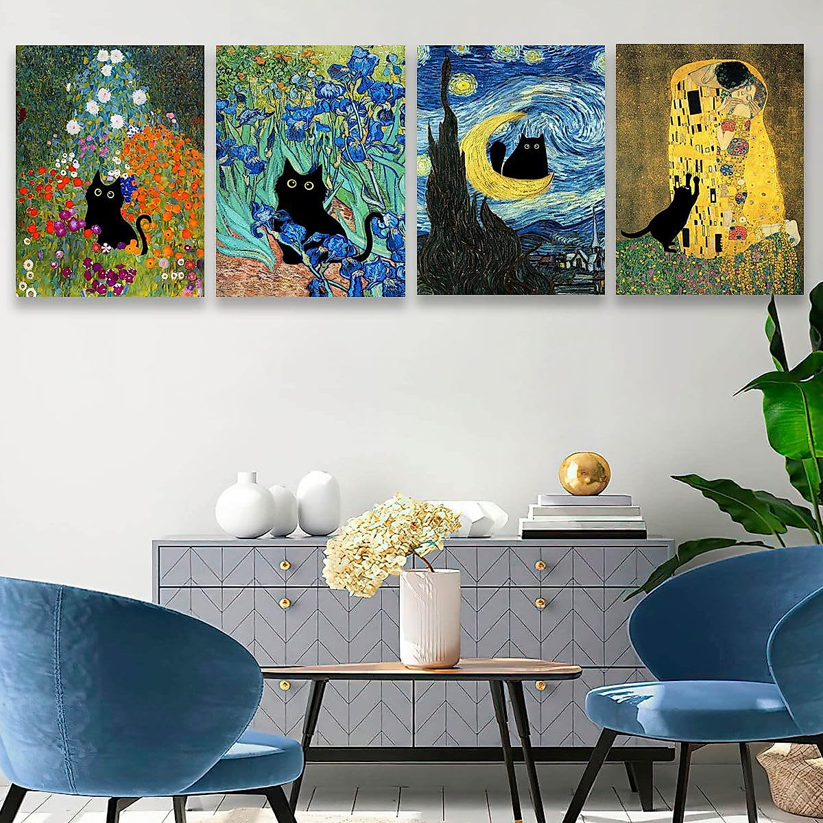 Van Gogh Irises Canvas Wall Art Black Cat Poster Gustav Klimt Garden Flower Paintings Floral Print for Farmhouse Gallery Aesthetic Home Room Decor 18x24 inch