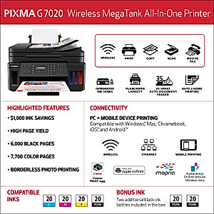 Canon G7020 All-in-One Printer Home Office | Wireless Supertank (Megatank) Printer | Copier | Scan, | Fax and ADF with Mobile Printing, Black