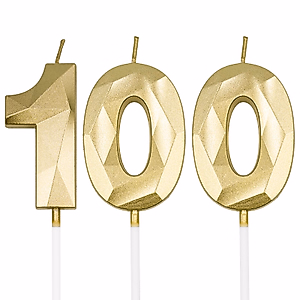 100th Birthday Candles for Cake, Gold Number 100 3D Diamond Shaped Candle Birthday Decorations Party Supplies