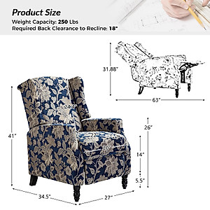 Upholstered Wingback Recliner Chair, Traditional Push Back Recliner Sofa, Mid Century Modern Lounge Armchair for Living Room, Home Theater Accent Chairs Recliners Couches (GARDEN)