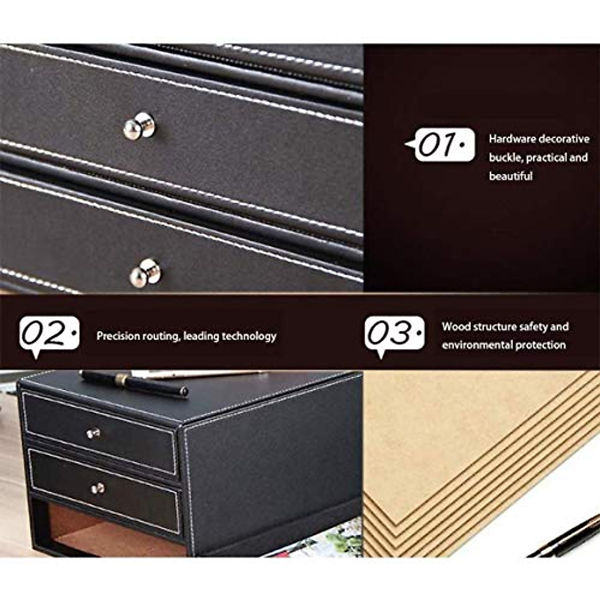 SHABOZ File Cabinets Multifunctional Storage Cabinet, Flat, 3-Layer Drawer Desktop Data Storage Box, Leather Office Cabinet Stacking Cabinet, Desktop Accessories (Brown)