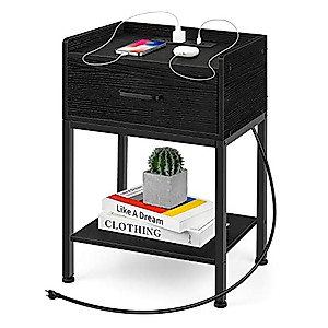 Nightstand with Charging Station and USB Ports, 3 Tier Small Bedside Table with Drawer and Storage Shelf Rustic Night Stand for Small Space, Living Room, Bedroom, Black