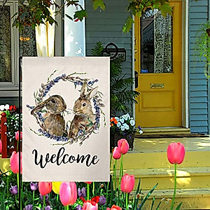 Spring Easter Bunny Lavender Welcome Garden Flag Vertical Double Sided Burlap Yard Rabbit Wreath Outdoor Decor 12.5 x 18 Inches