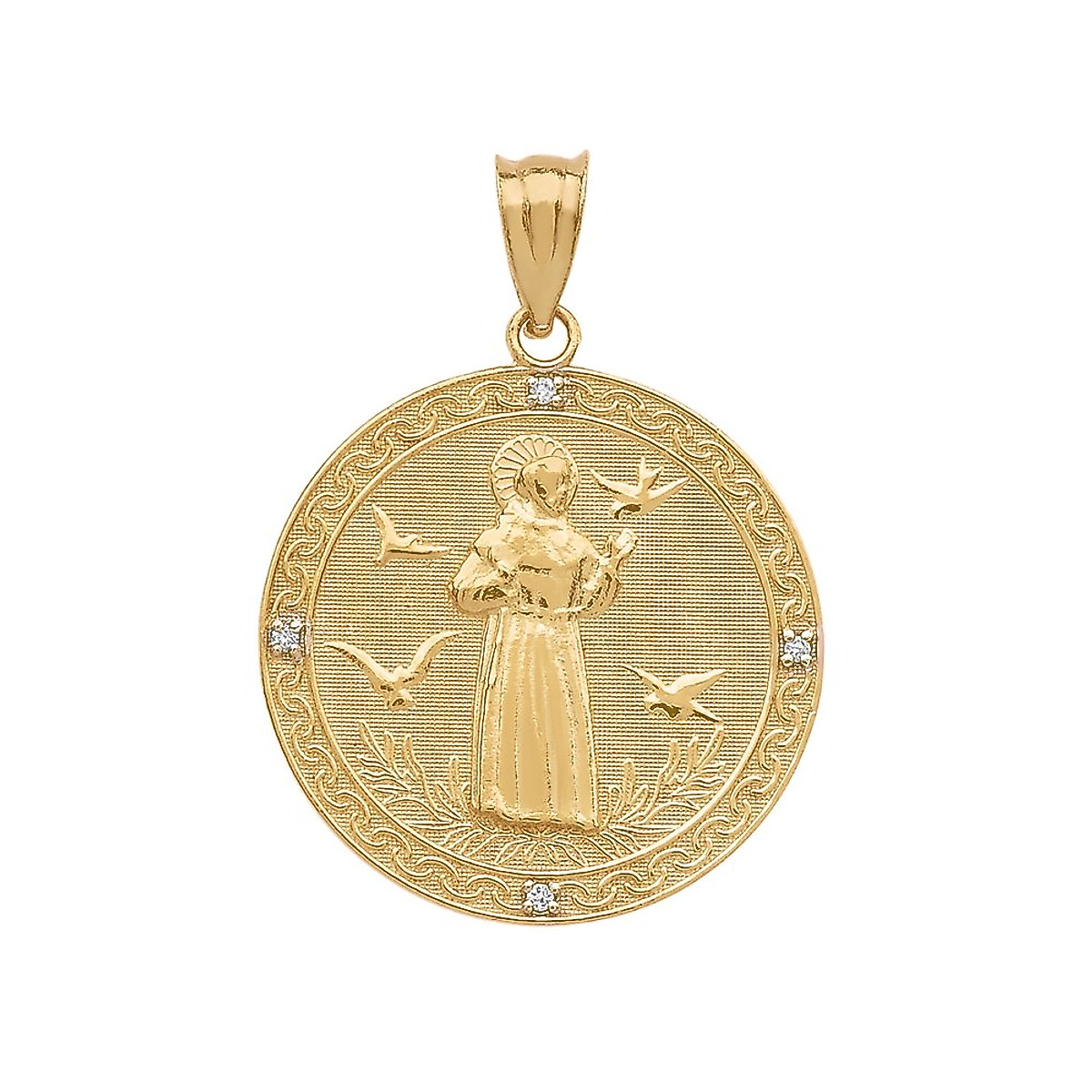 14k Gold Saint Francis Of Assisi Diamond Round Medal Charm Pendant (Medium)