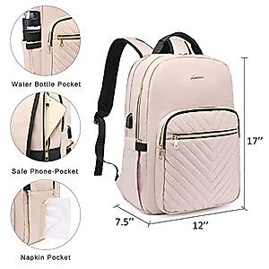 LOVEVOOK Laptop Backpack Purse for Women, Work Business Travel Computer Bags, College Nurse Backpack for Womens, Quilted Casual Daypack with USB Port, Fit 15.6 Inch Laptop, Antiquewhite