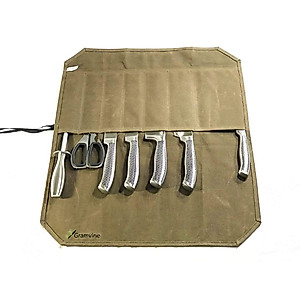 GramVine Professional Chef’s Knife Roll, Waxed Canvas Roll Foldable Knife Culinary Bag Wrap, Kitchen Knives Holder Organiser, Utensils Wrap Bag, Travel Tool Roll Pouch Storage