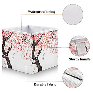 Poeticcity Red Pink Japanese Cherry Blossom Flowers Black Trunk on White Square Storage Basket Bin, Collapsible Storage Box, Foldable Nursery Baskets Organizer for Toy, Clothes Easy to Assemble