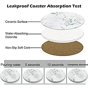 RoomTalks Green and Gold Plant Leaf Drink Coasters Set of 4, Cute Spring Leaves Floral Ceramic Absorbent Cup Coasters for Wooden / Coffee Table with Cork Base, Tabletop Protection, Housewarming Gifts