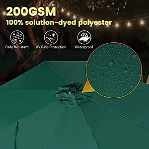 Tempera 9 ft Outdoor Market Umbrella 40 LED Lighted Patio Umbrella with Push Button Tilt and Crank, Solar Umbrella with Sturdy Pole&Fade Resistant Canopy, Easy to Set, Forest Green