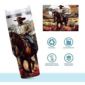 Jihqo Western Cowboy Dessert 40 oz Stainless Steel Vacuum Insulated Tumbler with Handle and Straw Lid, Leakproof Water Bottle Double Wall Travel Mug Coffee Cup, Cupholder Friendly