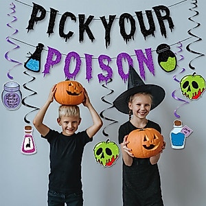 JKQ Glittery Pick Your Poison Banner and Halloween Hanging Swirls Decorations Halloween Haunted Mansion Banner Halloween Witches Party Decorations Supplies for Home Mantle