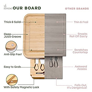 Bamboo Cheese Board and Knife Set - Includes a Secret Drawer with Stainless Steel Fork and Cheese Knife Set for Charcuterie Board Party Serving Tray - Thoughtful Wedding Anniversary Housewarming Gifts