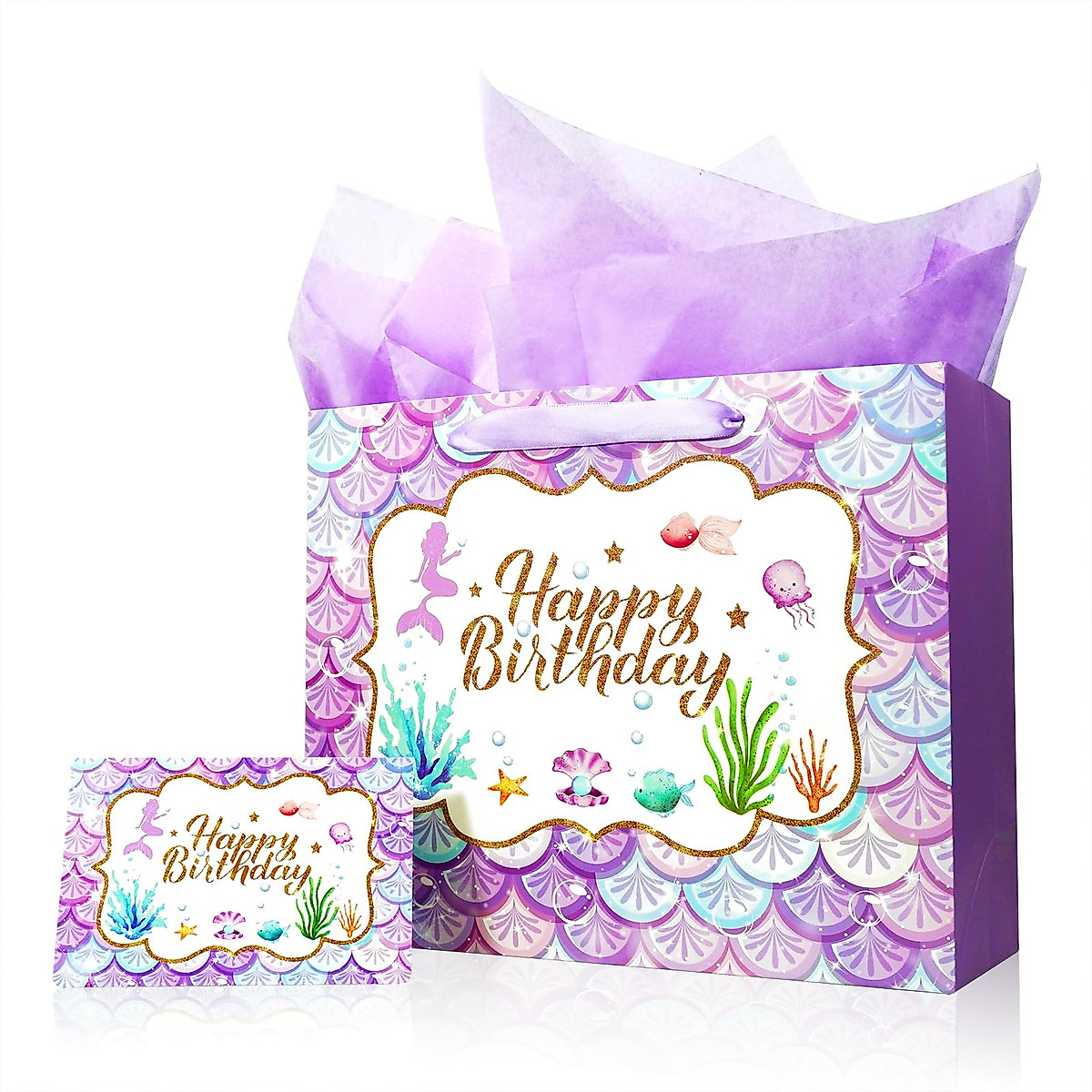 12.6" Mermaid Happy Birthday Gift Bag Set with Greeting Card and Tissue Papers for Girls, Women