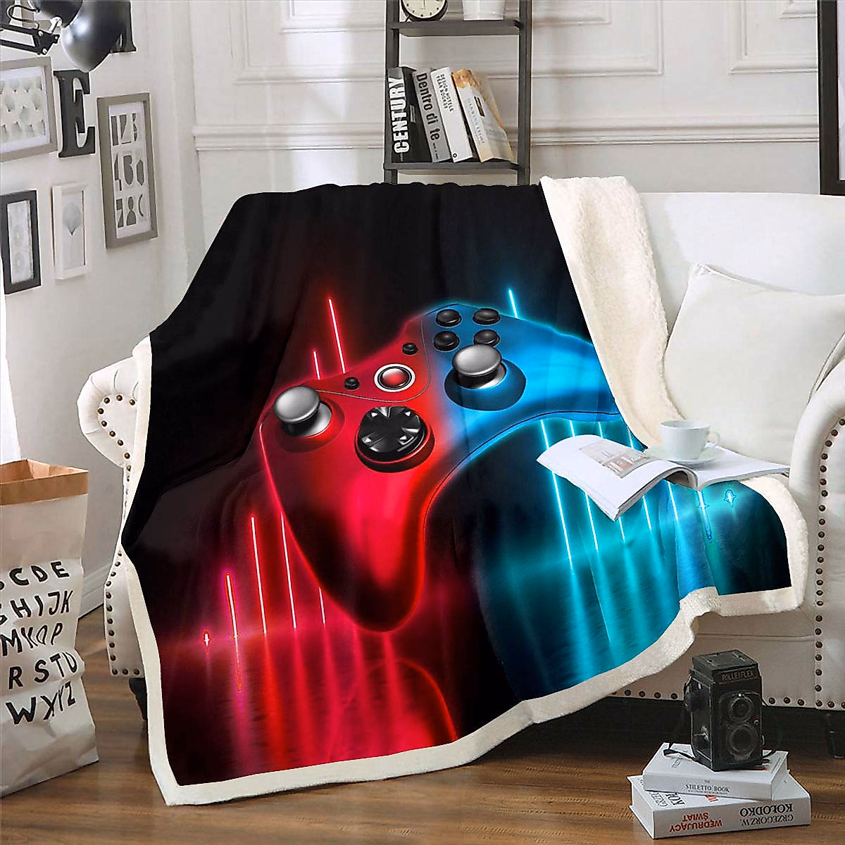 Boys Games Fleece Blanket, Gaming Player Throw Blanket for Kids Teen, Video Game Gamer Sherpa Blanket for Room Decor, Red Blue Black Classic Modern Gaming Blanket for Couch Sofa Chair Twin 60"x80"