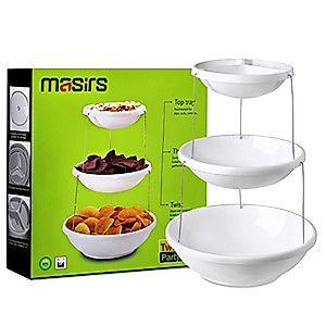 Collapsible Bowl, 3 Tier - The Decorative Plastic Bowls Twist Down and Fold Inside for Minimal Storage Space. Perfect for Serving Snacks, Salad and Fruit. The Top Bowl is Divided into Three Sections.
