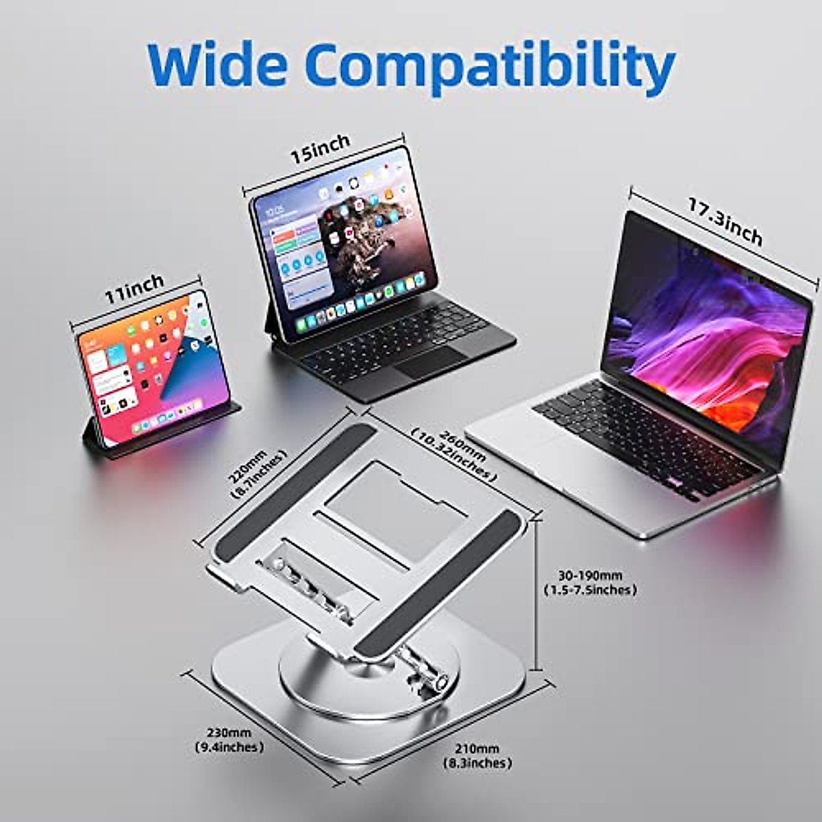 MCHOSE Adjustable Laptop Stand for Desk, Ergonomic Laptop Riser with 360° Rotating Base, Foldable Notebook Computer Holder Stand Compatible with MacBook Air Pro, Dell XPS, More 10-17" Laptops, Silver