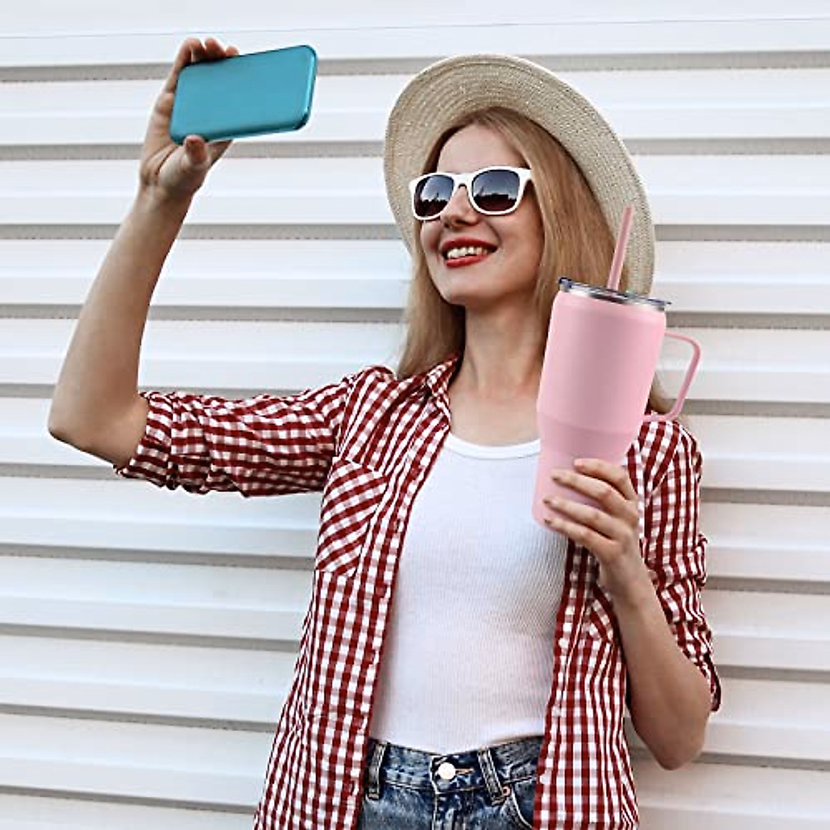 MUCHENGHY 40 oz Tumbler with Handle and Straw Lid, Leak Proof Double Vacuum Stainless Steel Tumblers Insulated Travel Coffee Mug with Lids Pink