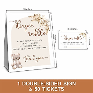 DYIRBIIY Bear Diaper Raffle Shower Game Cards - Boho Pampas Grass -1 Self-Standing Diaper Raffle Sign and 50 Diaper Raffle Tickets -(LBLK-004)