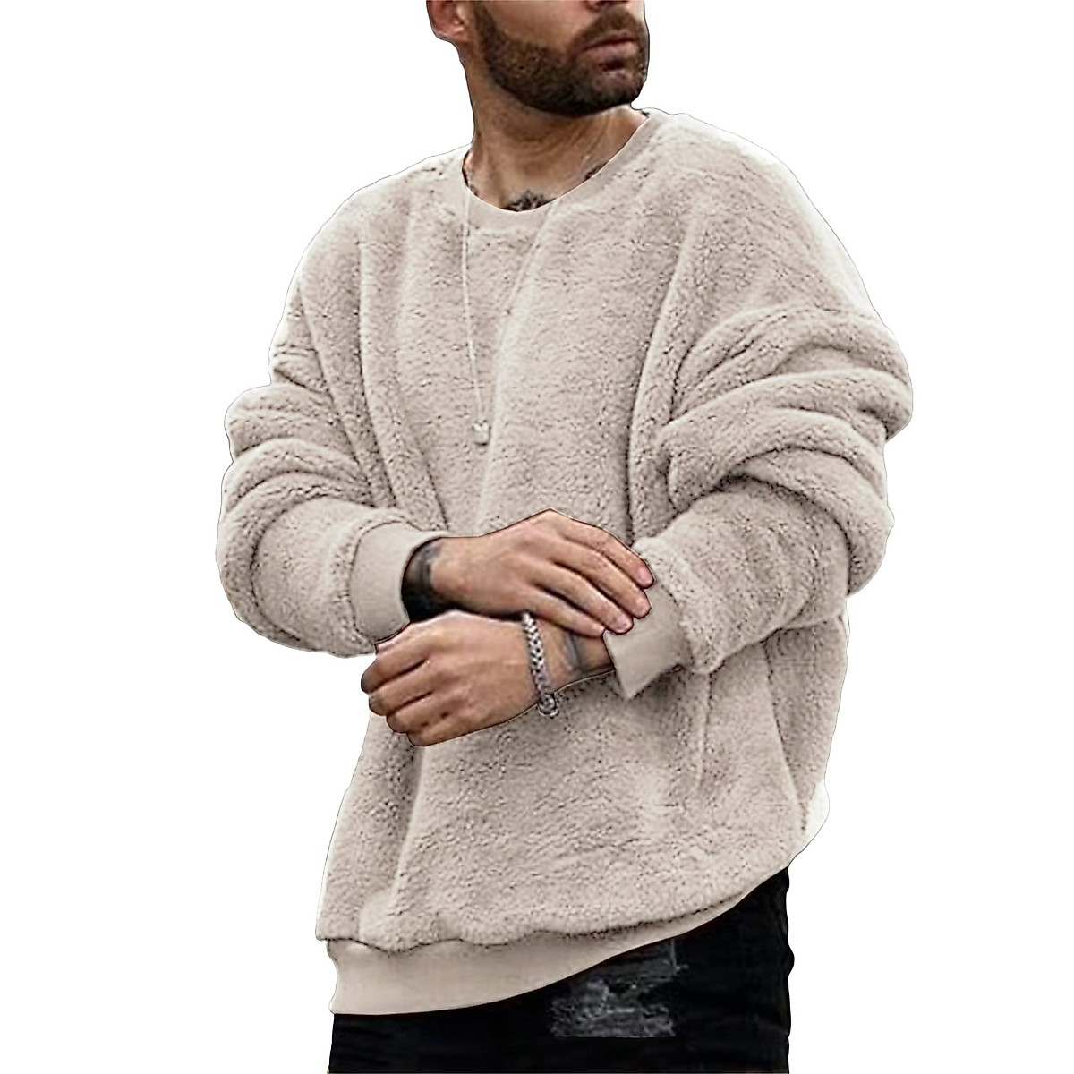 Runcati Mens Fuzzy Sherpa Sweatshirt Long Sleeve Fluffy Crew Neck Pullover Cozy Basic Unisex Fall Winter Warm Tops