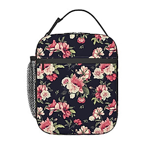 YETTA YANG Flower Floral Cute Black Pink Portable Lunch Bag Insulated Lunch Box Reusable Totes For Women Men Work Picnic Camping
