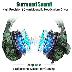 Gaming Headset for Nintendo Switch, PS4, Xbox One, PS5 Controller, Laptop, Mac, Noise Cancelling PC Headset with Mic,7.1 Stereo Surround Sound, Cool LED Light,Comfort Earmuff, Camo Green