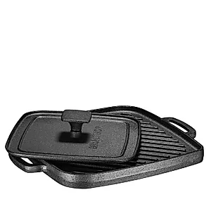 Bruntmor 2-in-1 Pre-Seasoned Cast Iron Reversible Griddle Grill Pan with Heavy Grill Press - 10 x 10 Inches Square Pan for Stove Top and Oven Cooking - Durable Grip Handle for Easy Use - Black