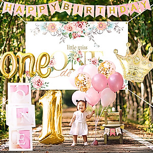 PYCALOW First Birthday Decorations Girl - 1st Birthday Baby Girl Decorations Include Balloons Box, Backdrop, Crown, Banner, High Chair Banner, Topper, Baby First One Year Old Girl Party Supplies