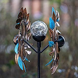 Outdoor Metal Stake Yard Spinners, Solar Wind Spinner, Solar Garden Wind Spinners with Light, Multi Color Changing LED Solar Powered Glass Ball, for Outdoor Yard Lawn & Garden
