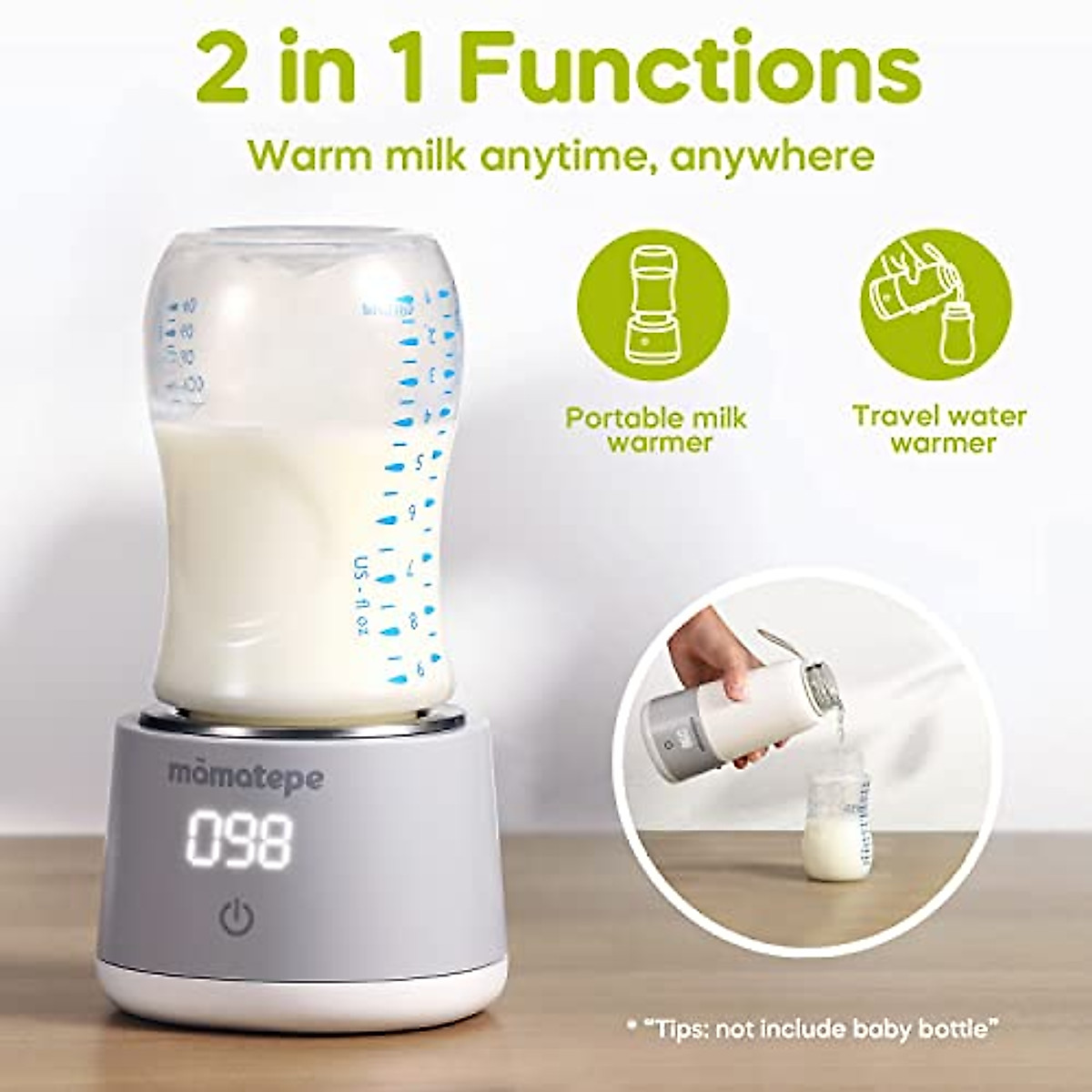 Mamatepe 2-in-1 Portable Bottle Warmer for Travel, Baby Milk Warmer on The go, Baby Brew Bottle Warmer for Breastmilk, Formula, Water, USB Rechargeable 4 Temperature Setting (Not Include Adapters)