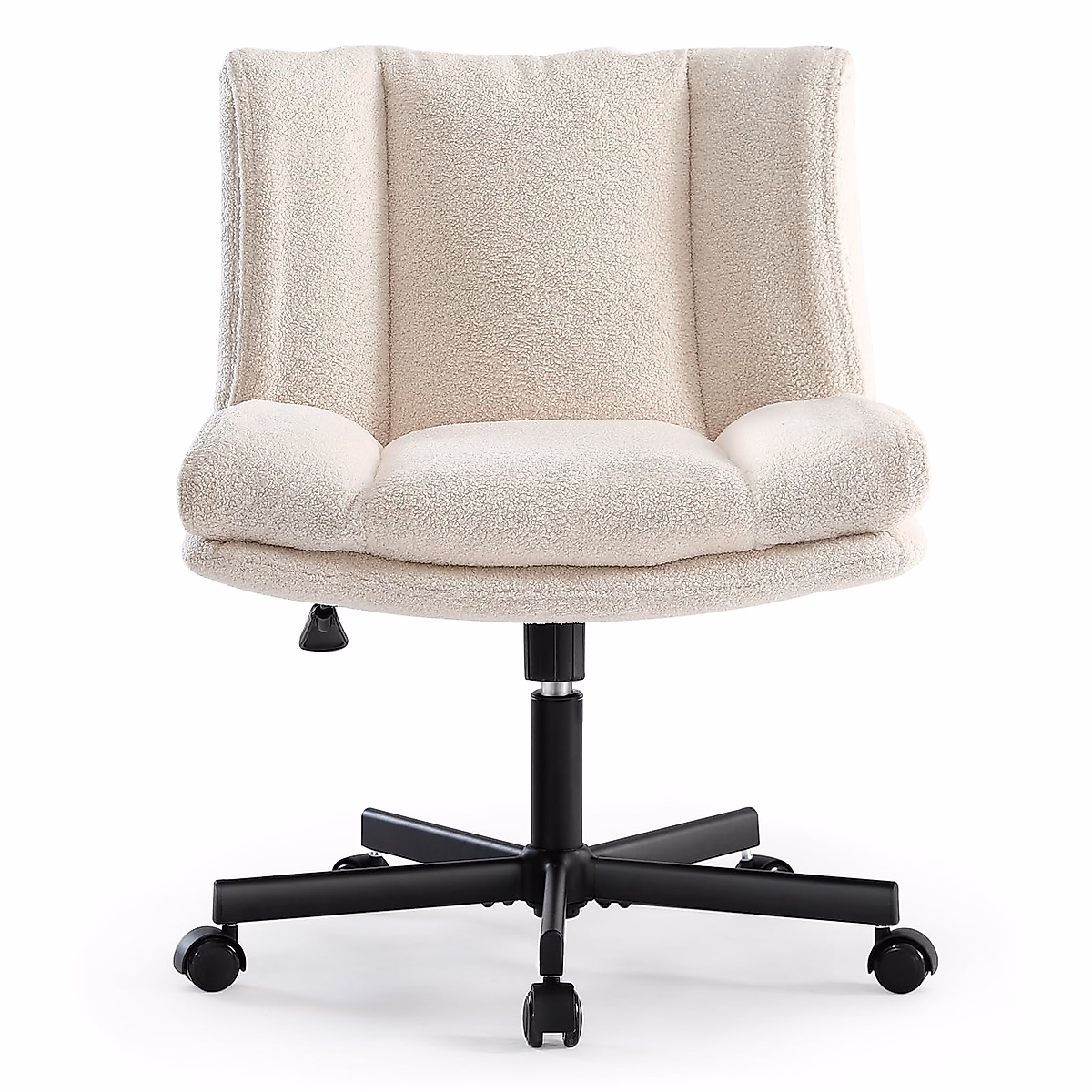 LEAGOO Criss Cross Chair with Wheels, Furry Armless Desk Chair, Comfy Wide Seat Cross Legged Office Chair, Stylish Height Adjustable Cute Swivel Vanity Chair for Home Office, Make Up, Cream White