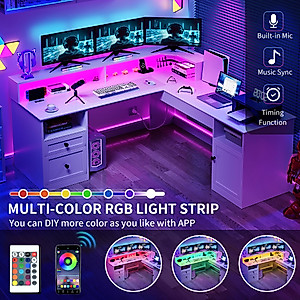 YITAHOME L Shaped Desk with Drawers, 60” Computer Desk with Power Outlets & Lift Top, Home Office Desk with File Cabinet & LED Lights, Height Adjustable Desk, White