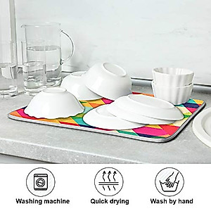 Geometric Colorful Trellis Dish Drying Mat 16"x18" Absorbent Machine Washable Hanging Fast Dry Pad Dish Protective Mat for Kitchen Countertop Heat Resistant Dinner Table Mat