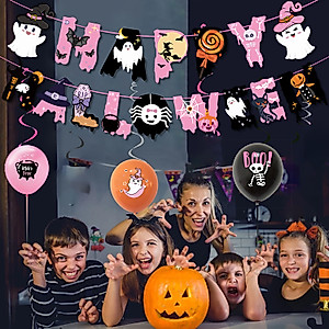 Pink Black Halloween Birthday Party Decorations Kit Happy Halloween Banner Castle Cake Topper Ghost Witch Bat Cupcake Toppers Skeleton Boos Ghost Balloons Kit for Halloween Baby Shower Party Decor