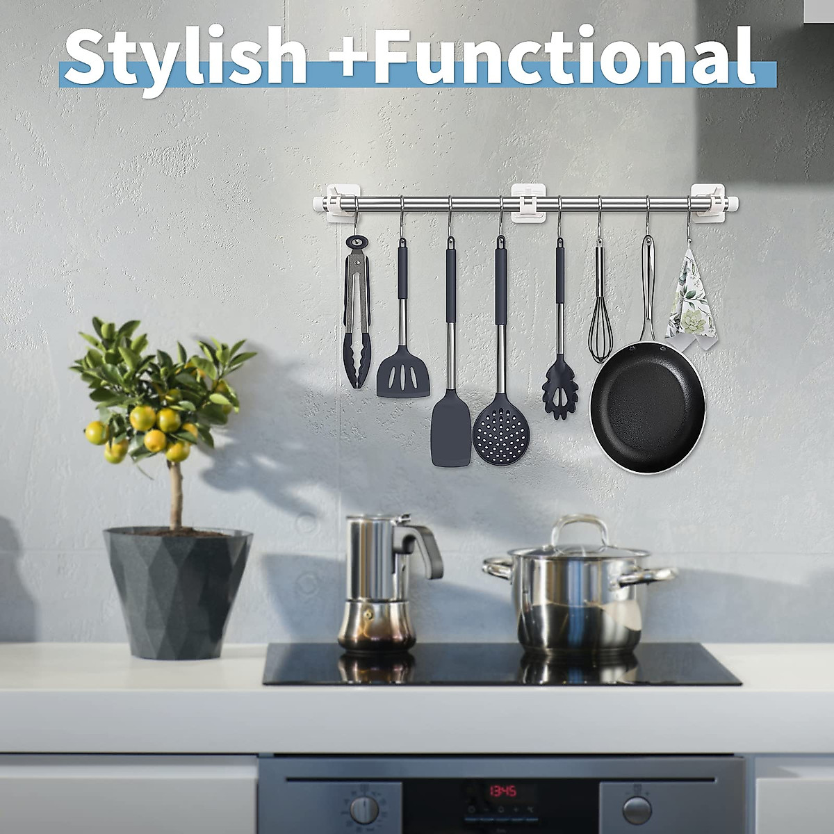 AKEISI Kitchen Utensil Rack,Kitchen Rail 2-Pack 16.7~30inch telescopic bathroom rack, Rail Rack Organizer for Hanging Knives Hanging Pot Rack Utensil Holder with 16 Hooks.