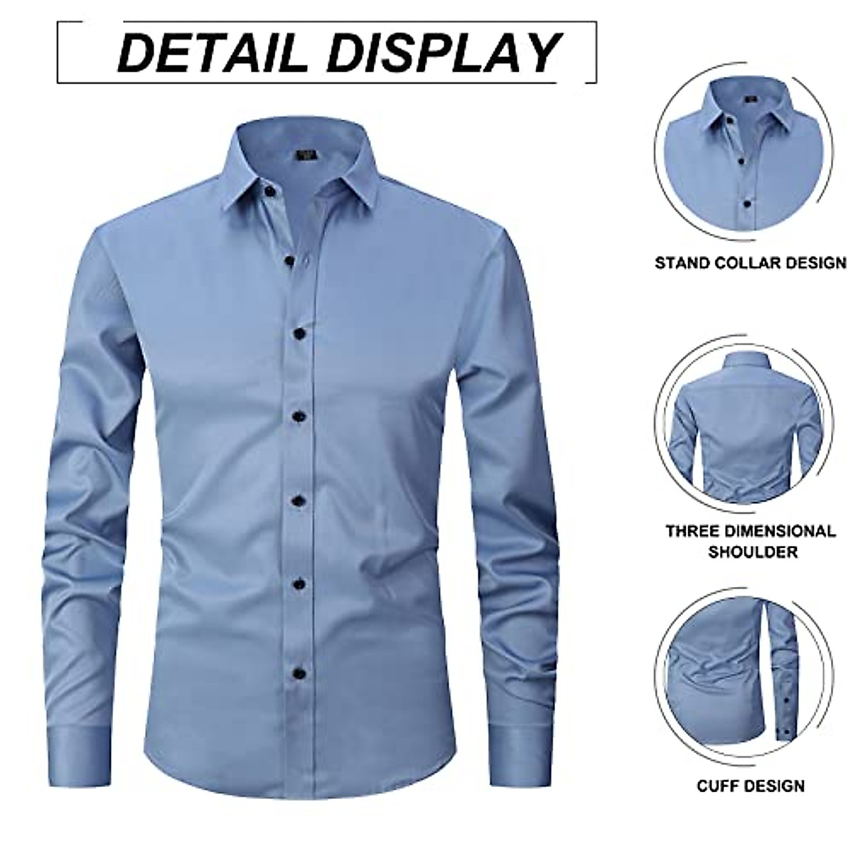 ATOFY Men's Long Sleeve Dress Shirt Regular Fit Casual Button-Down Solid Shirts(Blue, M)