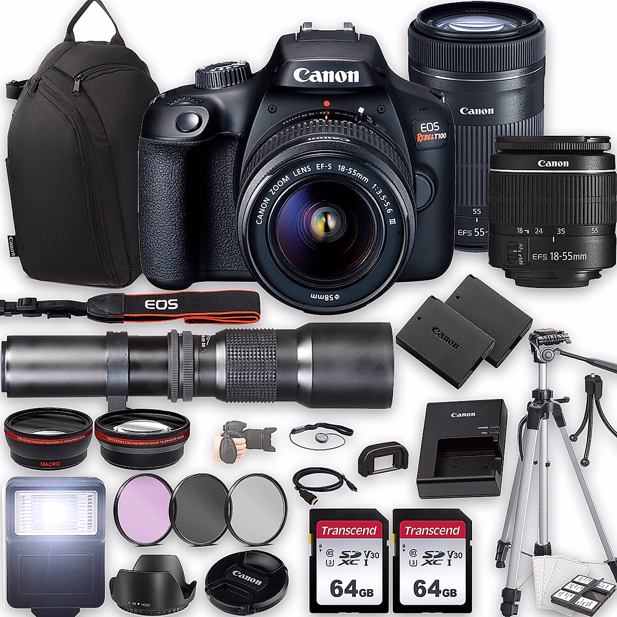 Canon EOS Rebel T100 DSLR Camera w EF-S 18-55mm f/3.5-5.6 III Lens + EF-S 55-250mm f/4-5.6 is STM Lens + 500mm f/8 Focus Lens + 2X 64GB Memory + Case + Filters + Tripod + More (35pc Bundle) (Renewed)