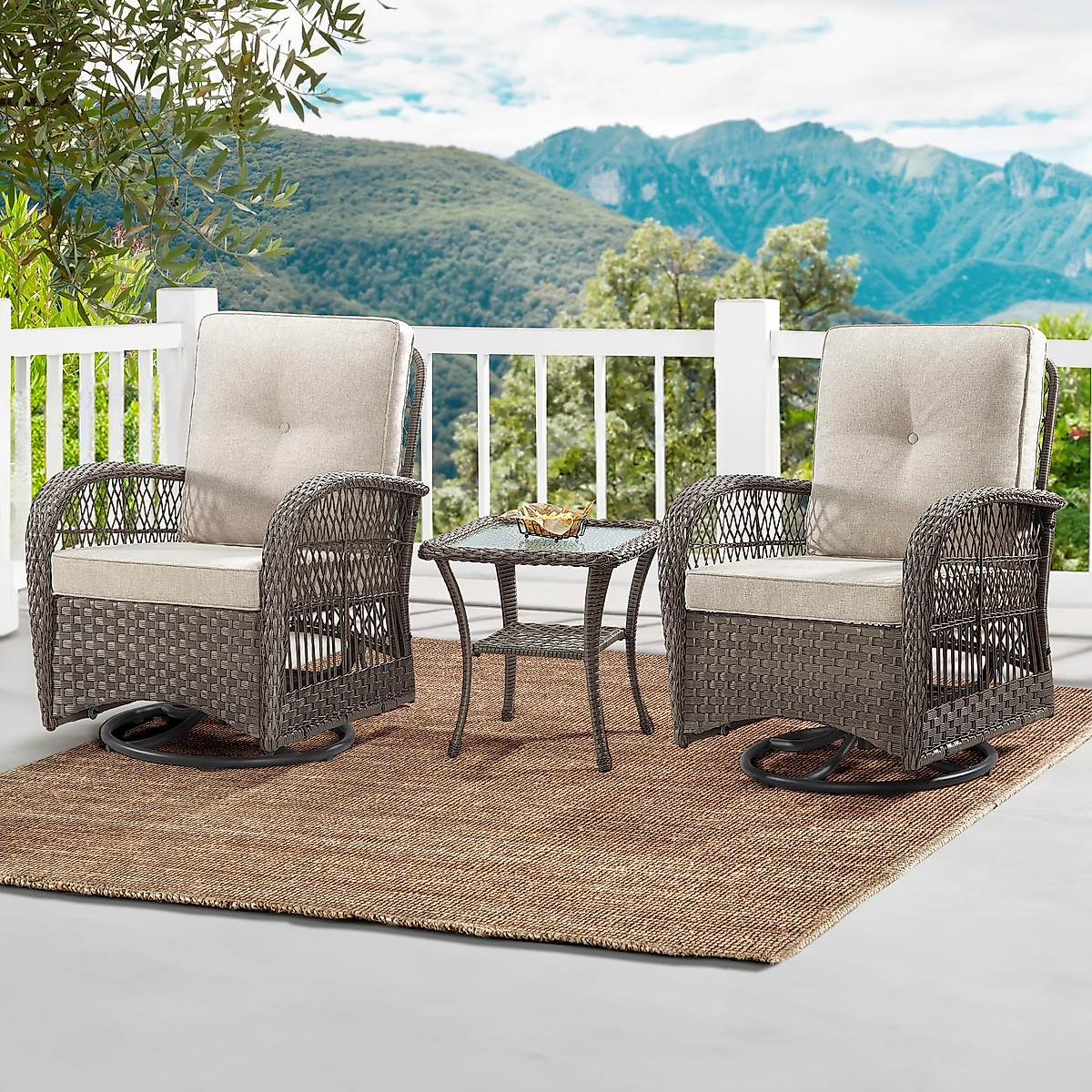 MeetLeisure Bistro Set 3 Piece Outdoor Patio Furniture, Wicker Swivel Rocking Chair Set with Matching Coffee Table & Premium Fabric Cushion(Mixed Grey/Beige)